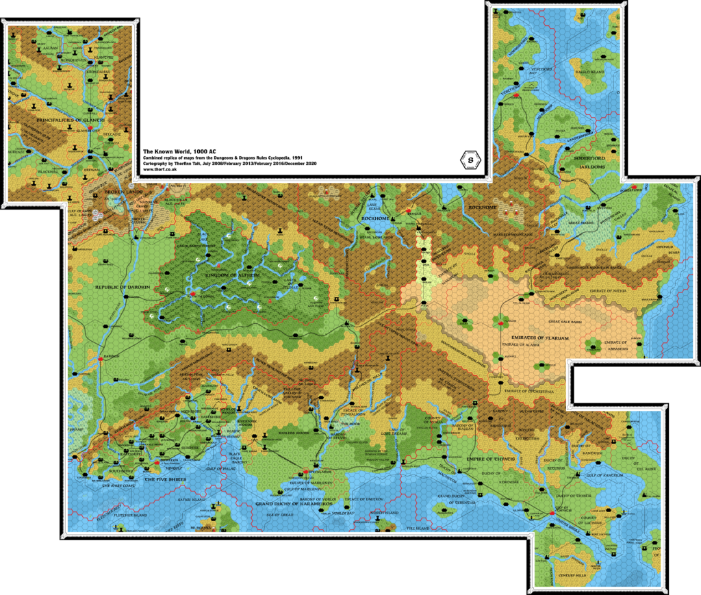 Combined replica of Known World maps from the Rules Cyclopedia, 8 miles ...