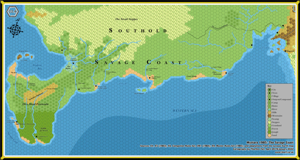 The Savage Coast, 22.9 miles per hex (1985) | Atlas of Mystara