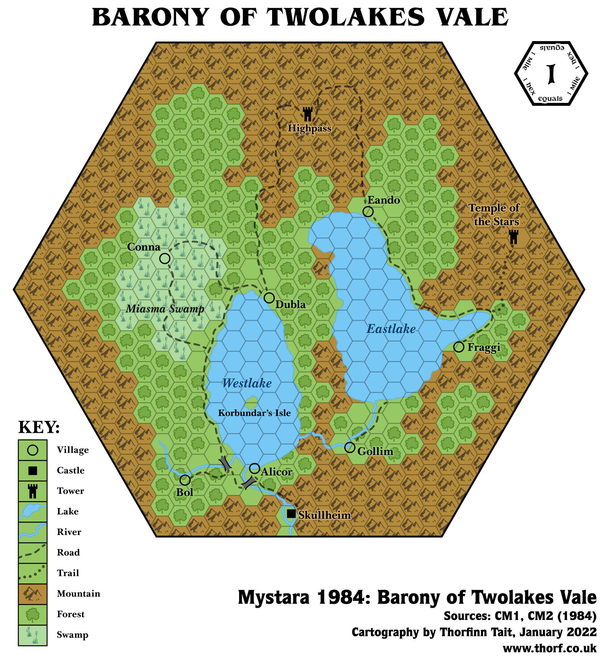 The Barony of Twolakes Vale, 1 mile per hex (1984) | Atlas of Mystara