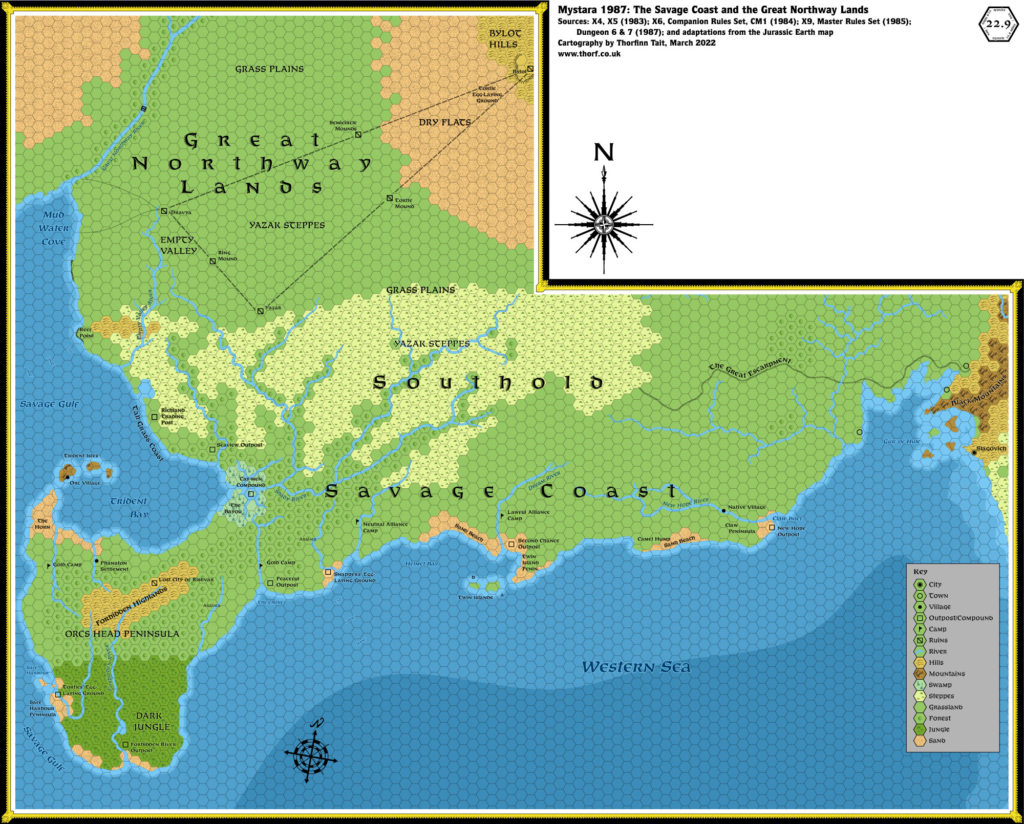The Savage Coast and the Great Northway Lands, 22.9 miles per hex (1987 ...